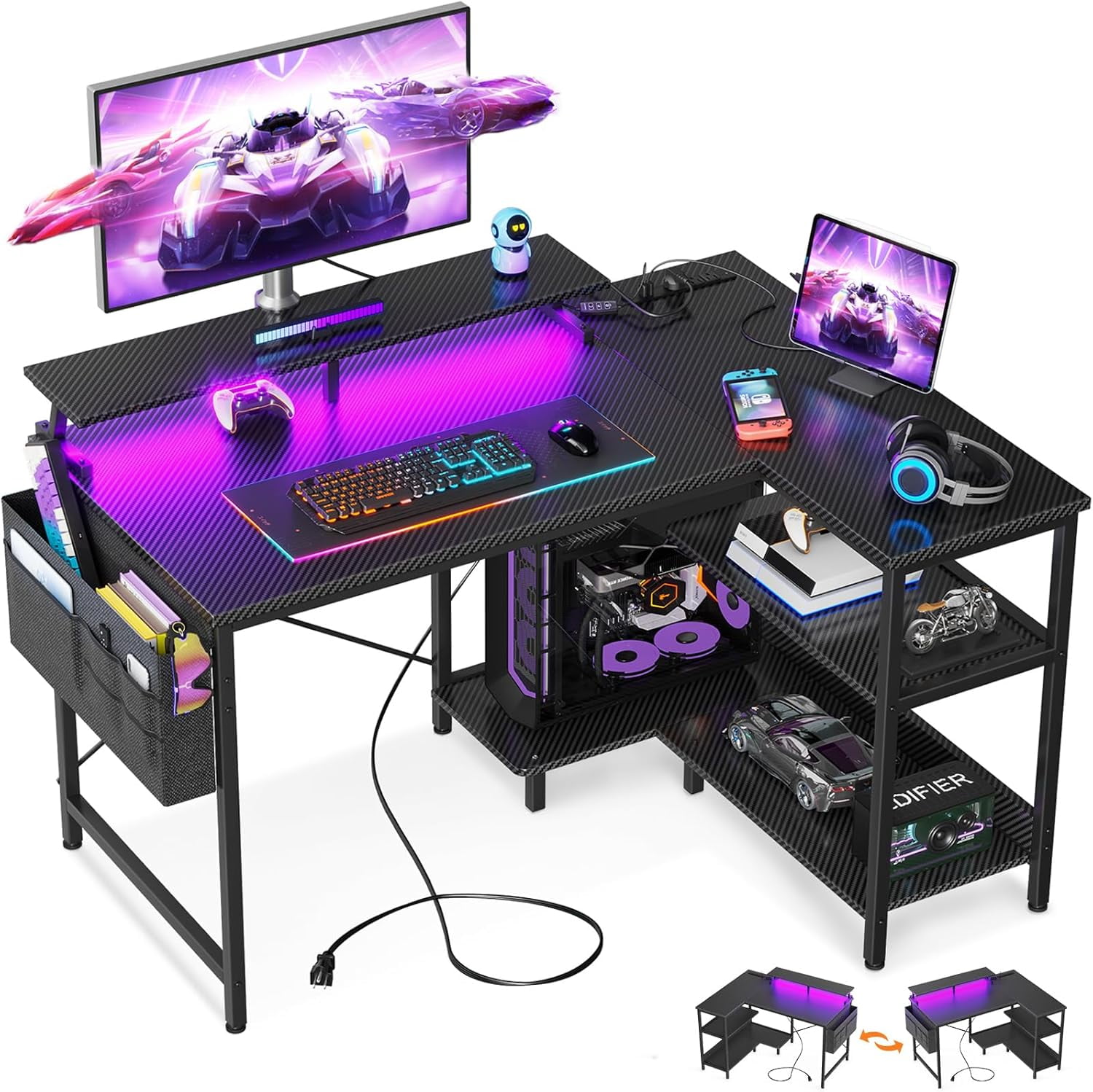 ODK 40 Inch Gaming Desk with USB Power Outlets and LED Lights ...