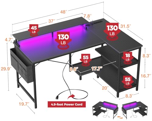 ODK 48 Inch Gaming Desk with USB Charging Ports and LED Lights ...