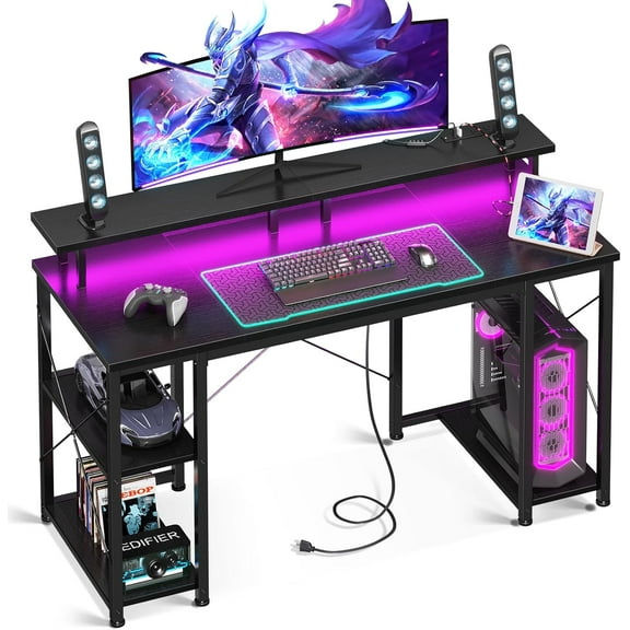 HUANG 48 Inch Gaming Desk with LED Lights & Power Outlets, Monitor ...