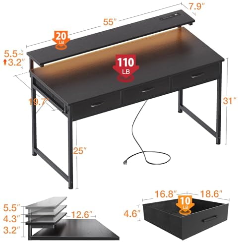 ODK 54 Inch Computer Desk with 3 Drawers and USB Power Outlets, Home ...