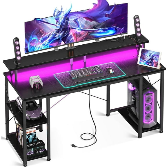 HUANG 48 Inch Gaming Desk with LED Lights & Power Outlets, Monitor ...