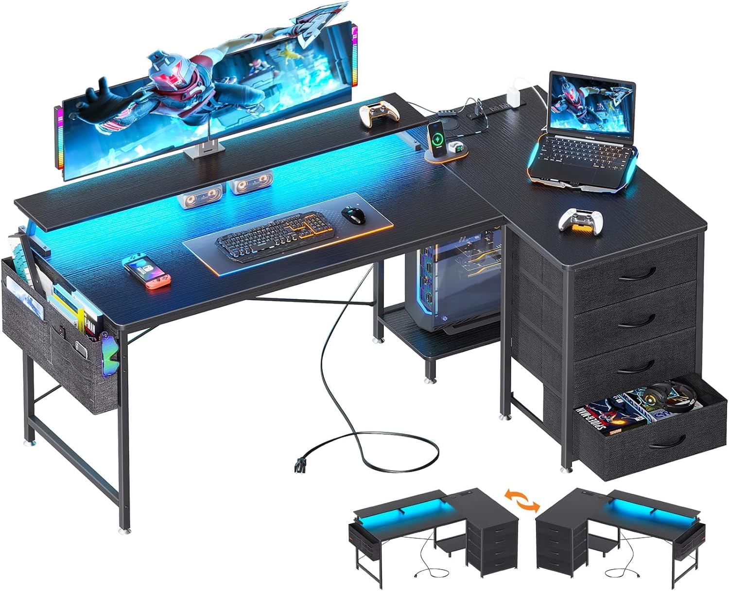 ODK 63 Inch Gaming Desk with LED Lights & USB Power Outlets, Reversible ...