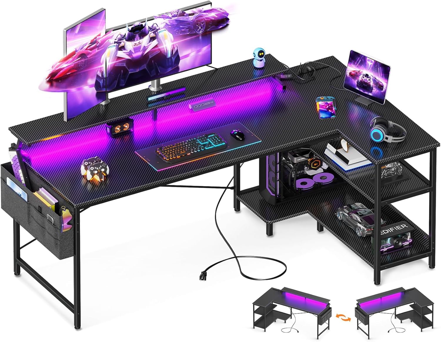 ODK 66 Inch Gaming Desk with USB Charging Ports and LED Lights ...