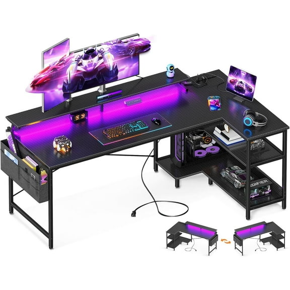 47” Gaming Desk with USB Charging Ports & LED Lights, Reversible L ...
