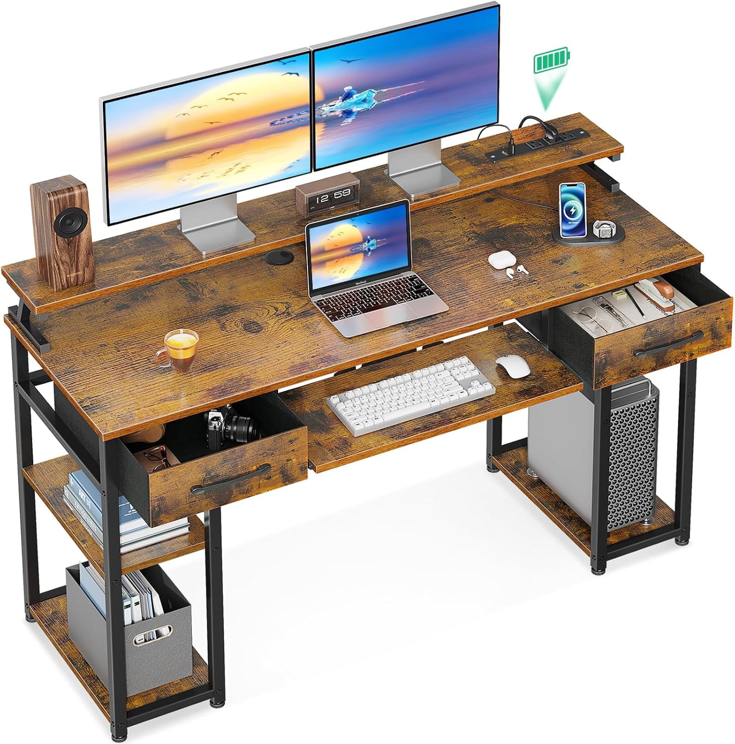 ODK Computer Desk with Drawers, 55 Inch Office Desk with Power Outlet ... ODK Computer Desk with Drawers, 55 Inch Office Desk with Power Outlet ...