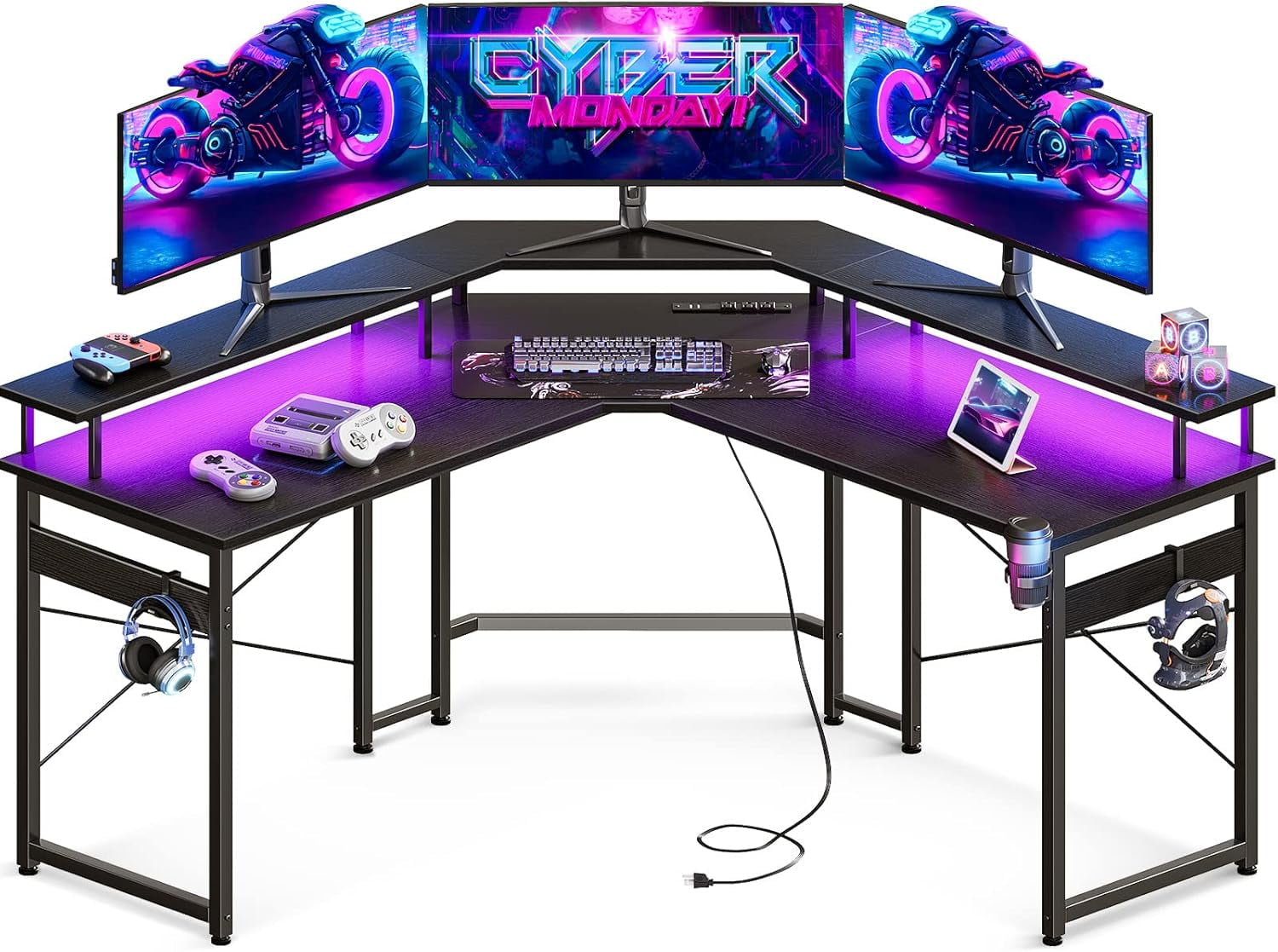 ODK L Shaped Gaming Desk with LED Lights & Power Outlets, 51" Computer ...