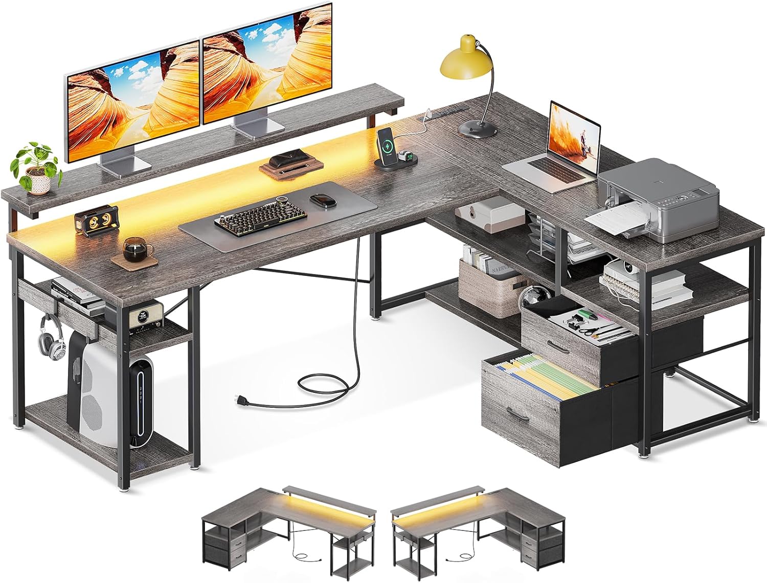 ODK L Shaped Gaming Desk with Power Outlets & LED Strip, 61 Inch ...