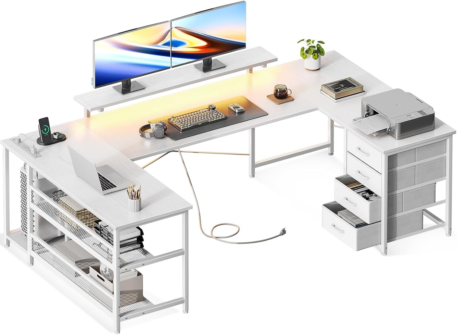 ODK U Shaped Desk with Power Outlets & LED Strip & Monitor Stand, 66 ...