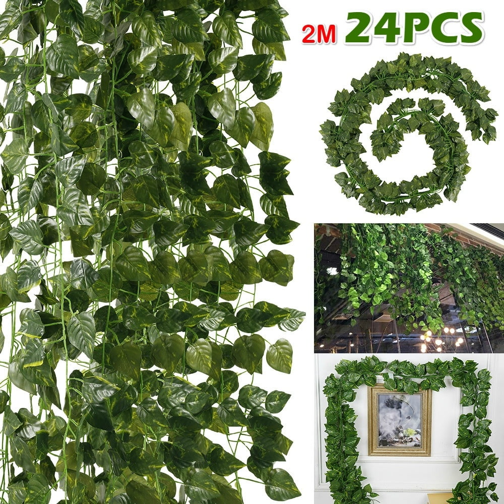 ODOMY 24/12Pcs Artificial Green Leaf Garland Plants Green Vine Fake ...