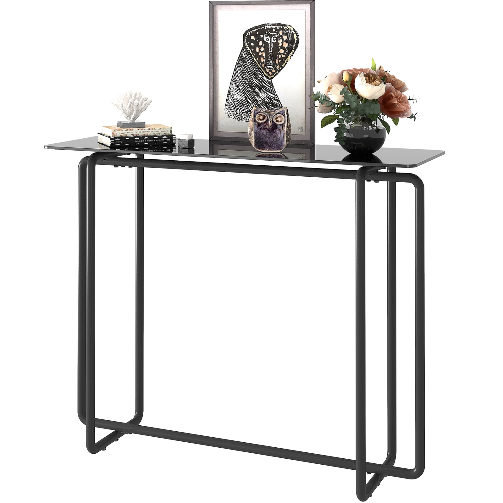 ODUSE-DAILY Black Tempered Glass Console Tables, Sofa Table, Narrow ...