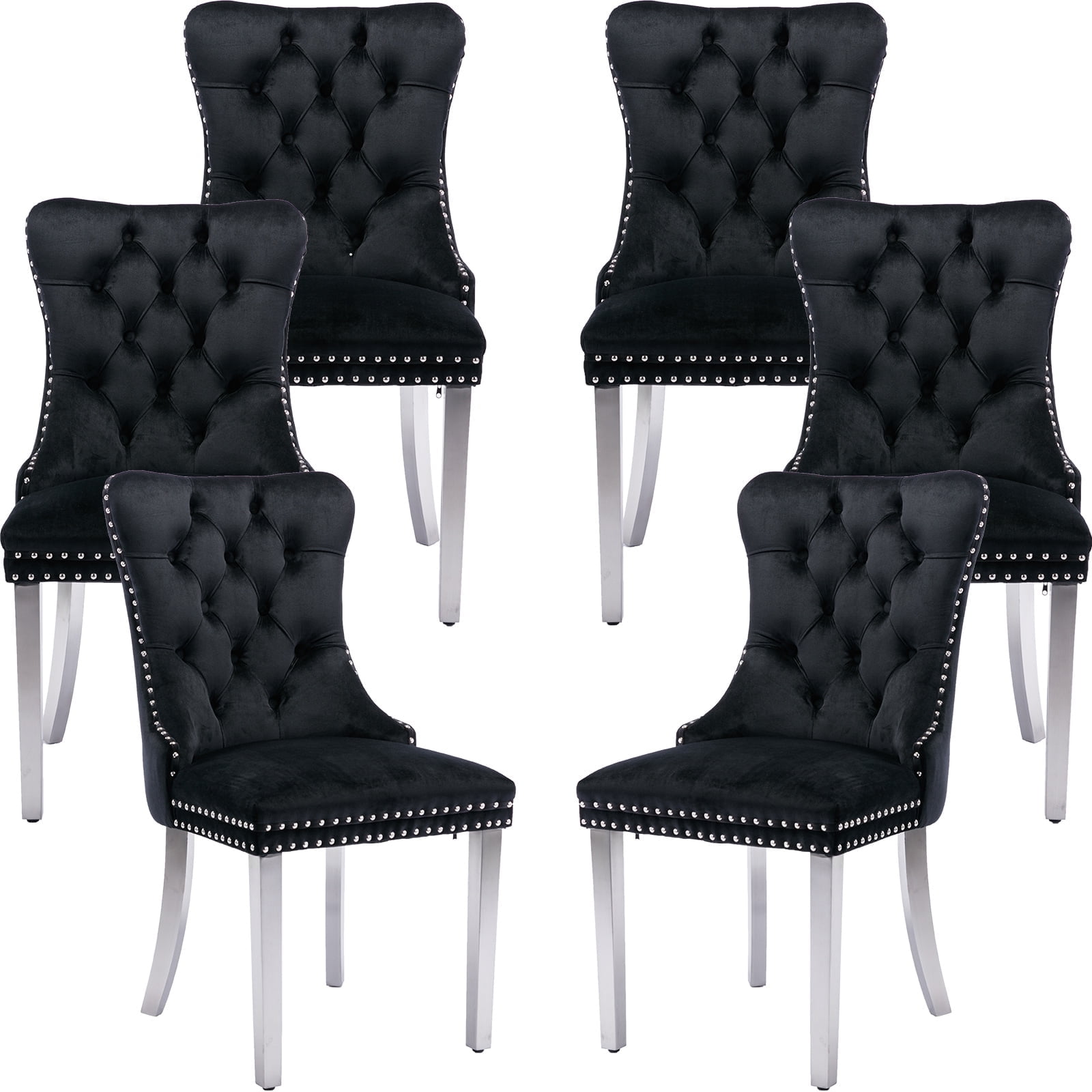 Oduse Daily Modern Dining Chairs Set Of 6 Black Velvet Nailhead