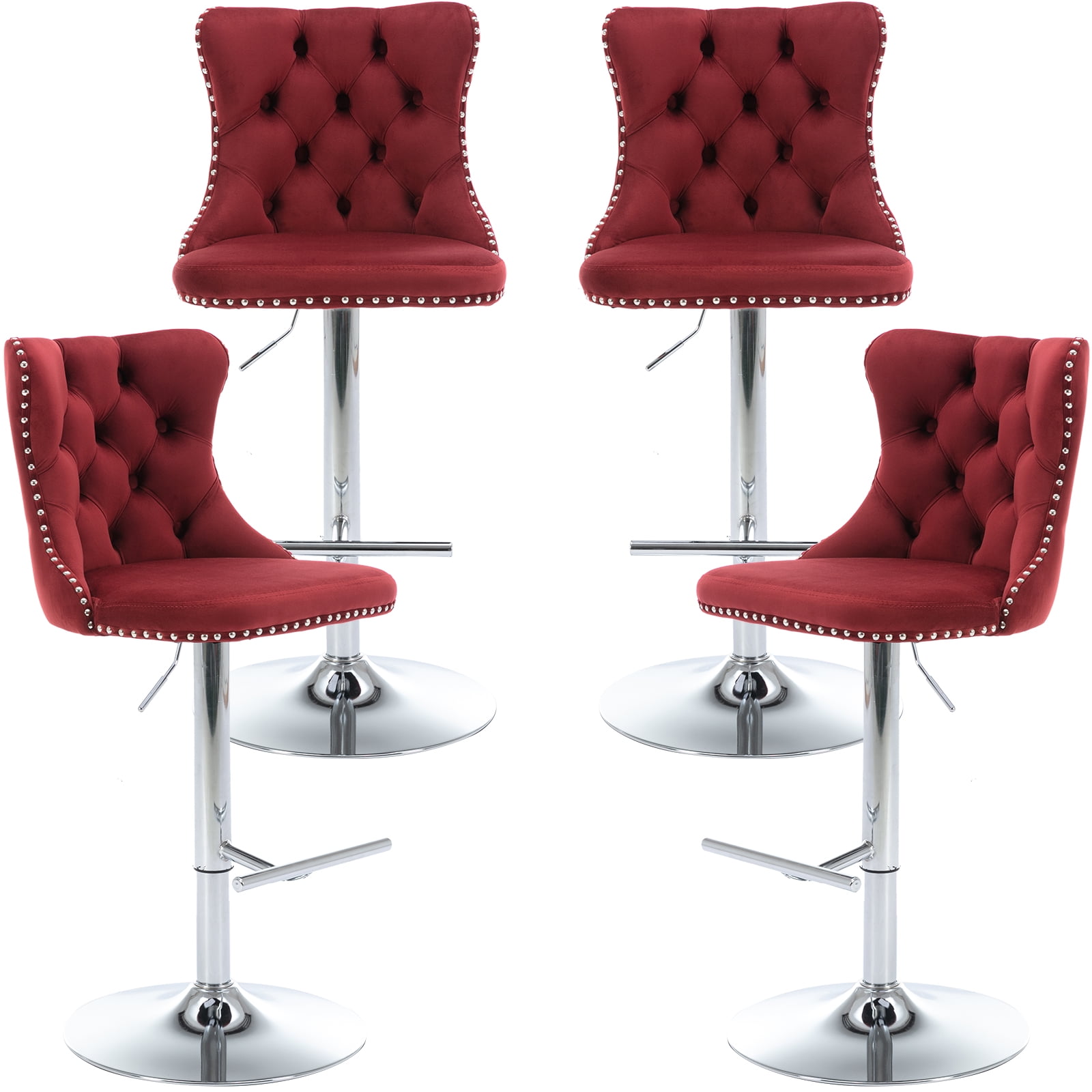 ODUSE-DAILY Burgundy Velvet Bar Stools Set of 4 - Adjustable Swivel ...