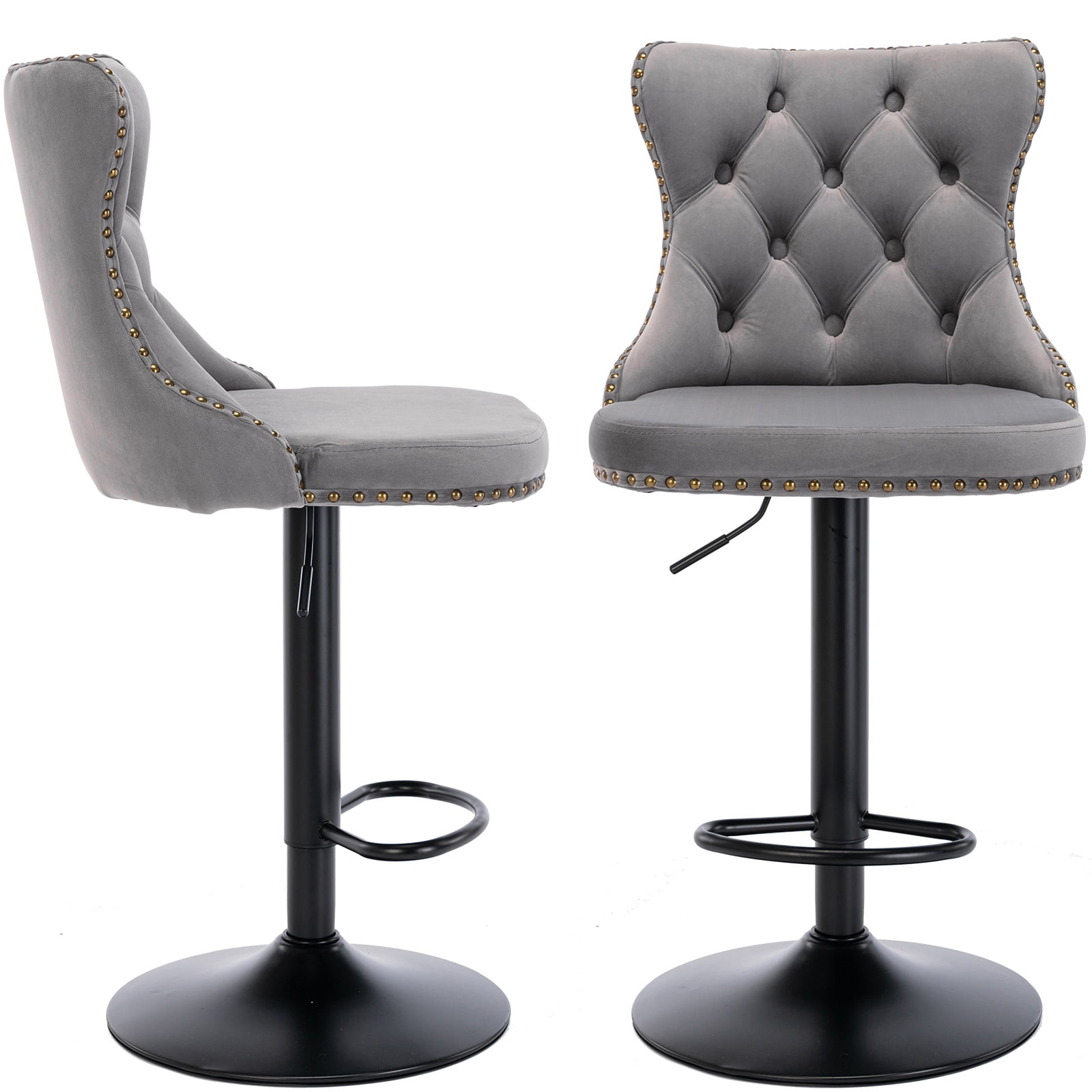 ODUSE-DAILY Gray Velvet Bar Stools Set of 2 - Adjustable Swivel Counter ...