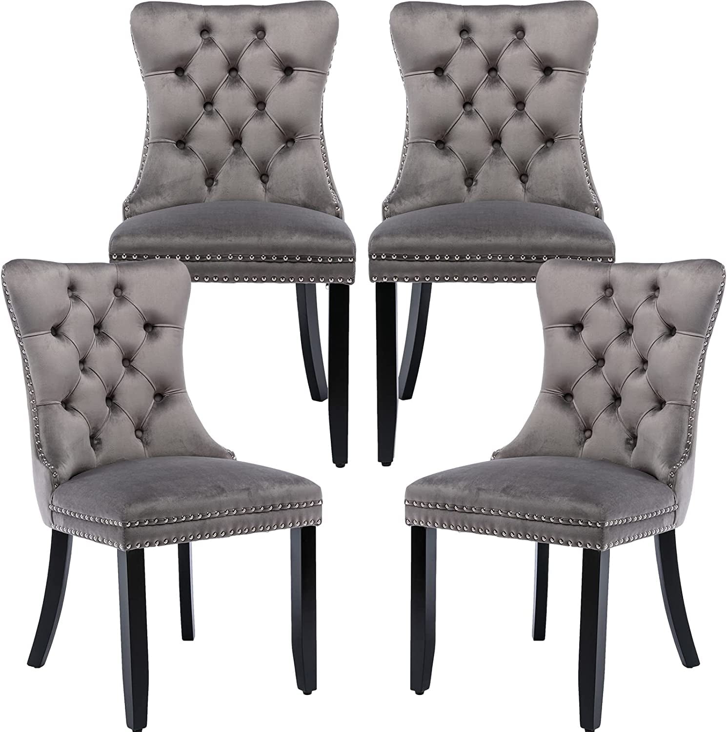 Oduse Daily Set Of 4 Grey Velvet Dining Chairs Tufted Design Solid