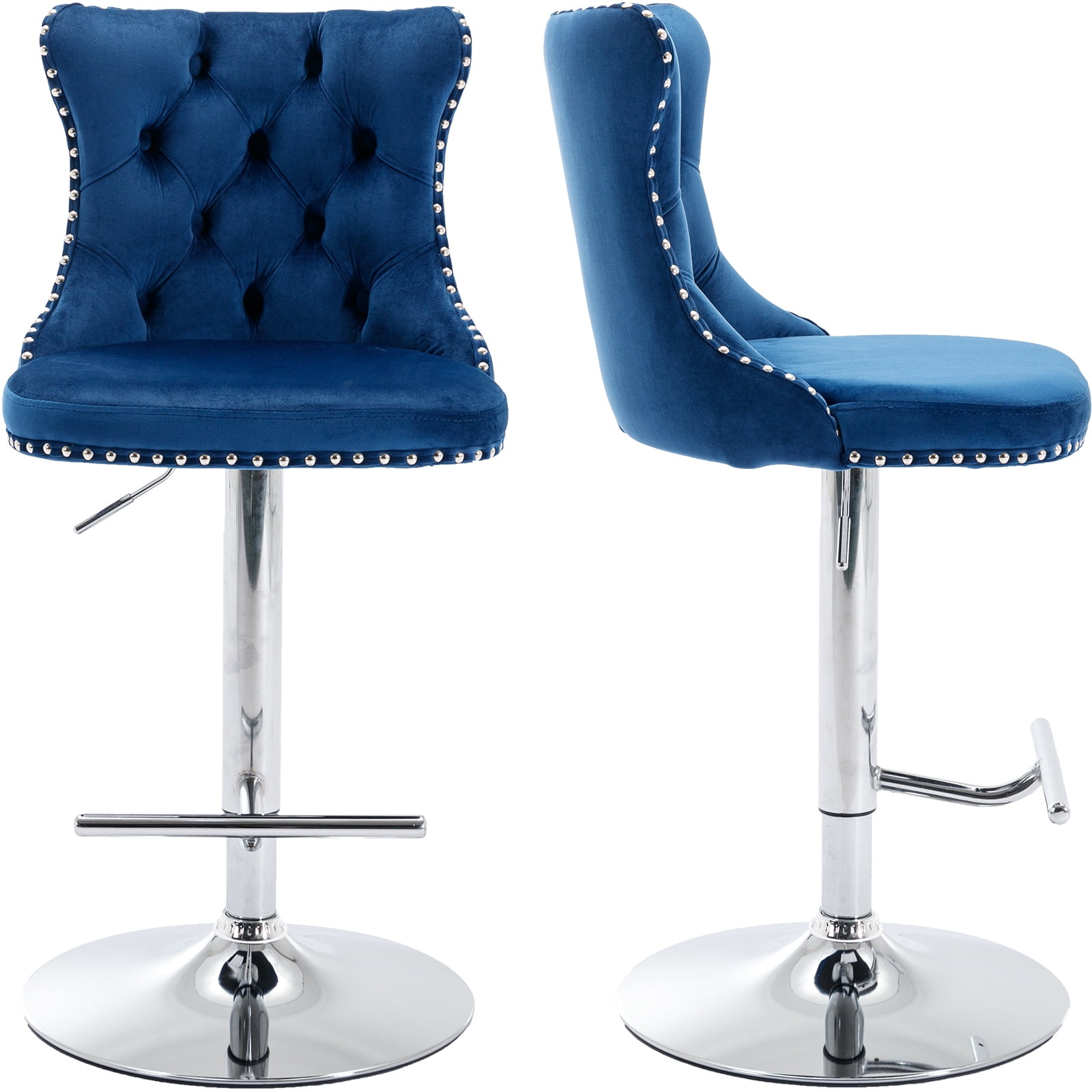 Oduse Daily Navy Velvet Bar Stools Set Of 2 Swivel Counter Height