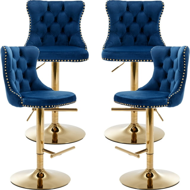 ODUSE-DAILY Navy Velvet Bar Stools Set of 4 - Adjustable Swivel Counter ...