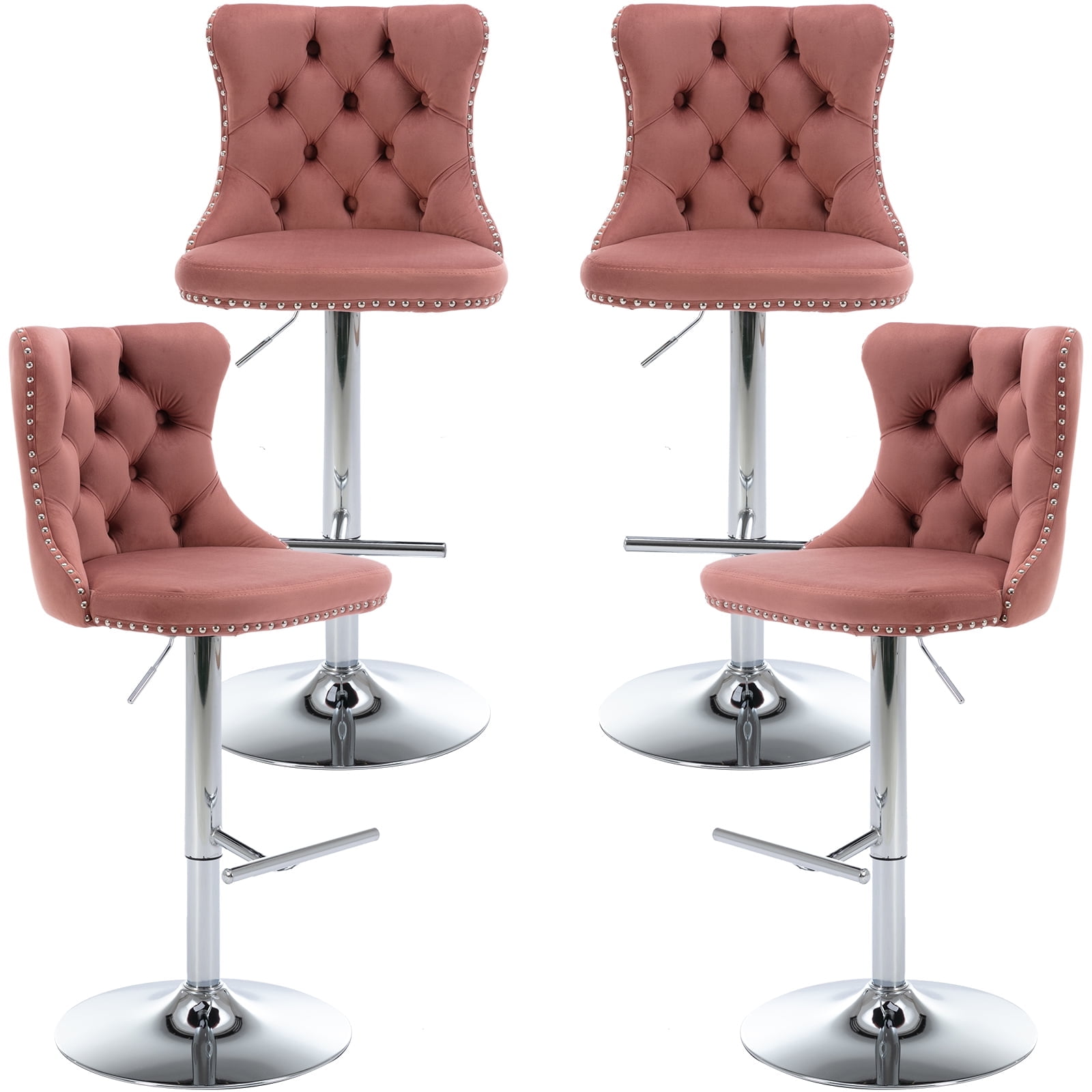 ODUSE-DAILY Pink Velvet Bar Stools Set of 4 - Adjustable Swivel Counter ...