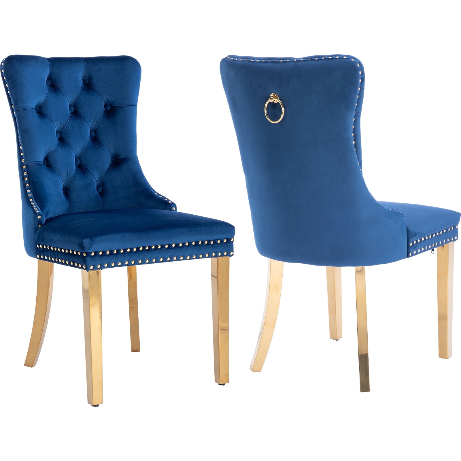 ODUSE-DAILY Set of 2 Velvet Dining Chairs, Navy, Tufted with Nailheads ...
