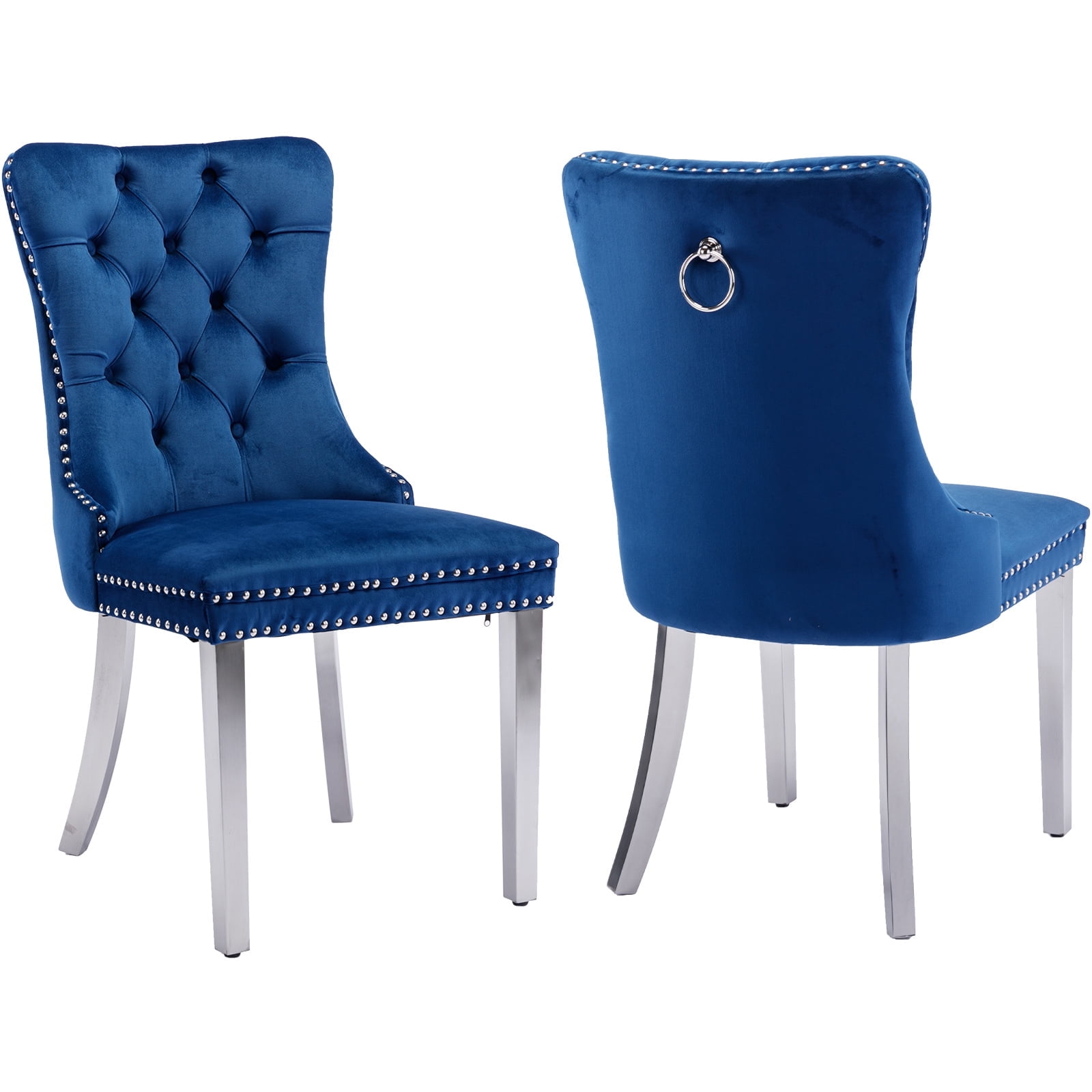 Oduse Daily Set Of 2 Velvet Dining Chairs Navy Upholstered Silver
