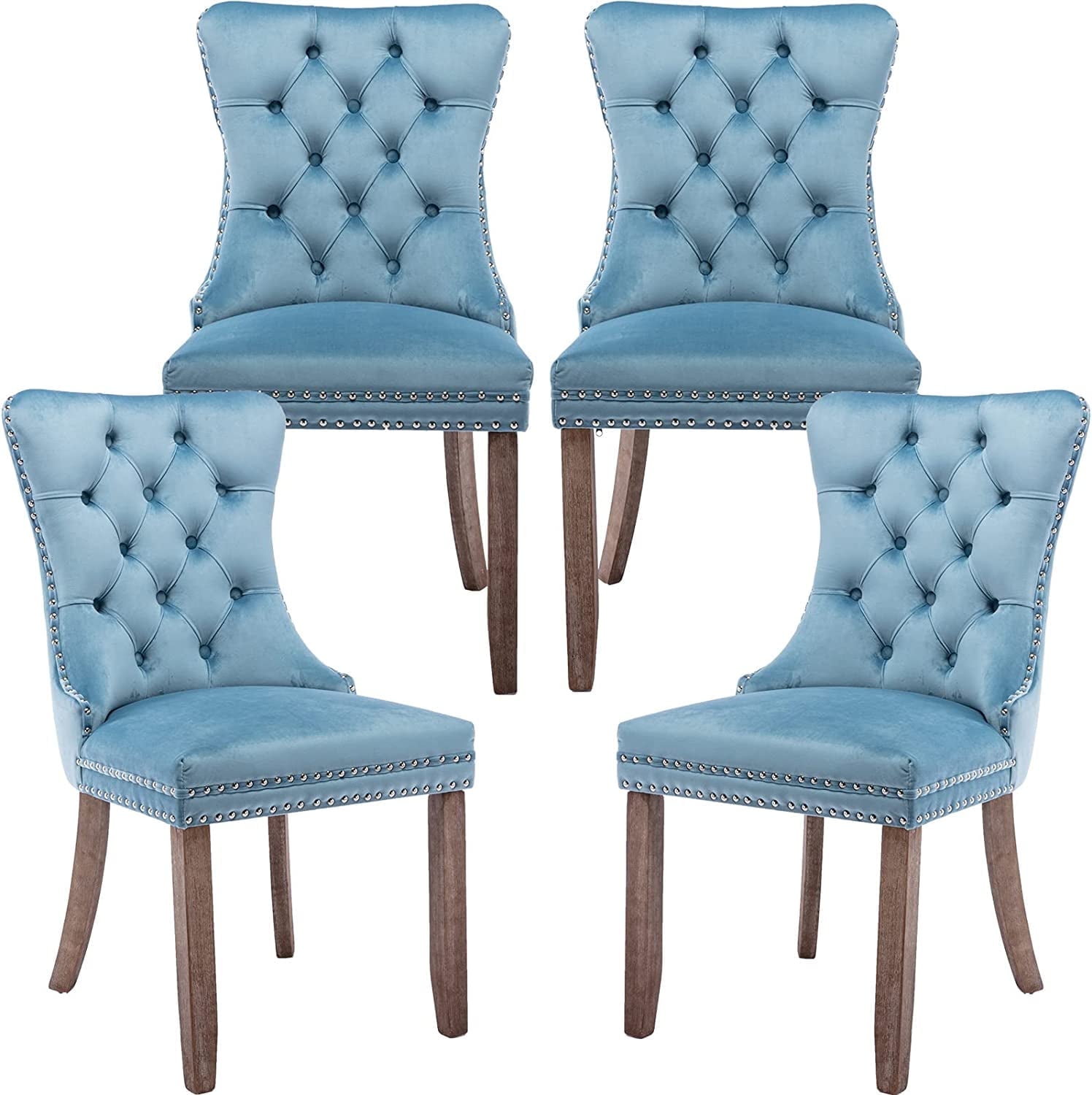 Set of 4 Light Blue Velvet Dining Chairs, Tufted Upholstered, Solid ...