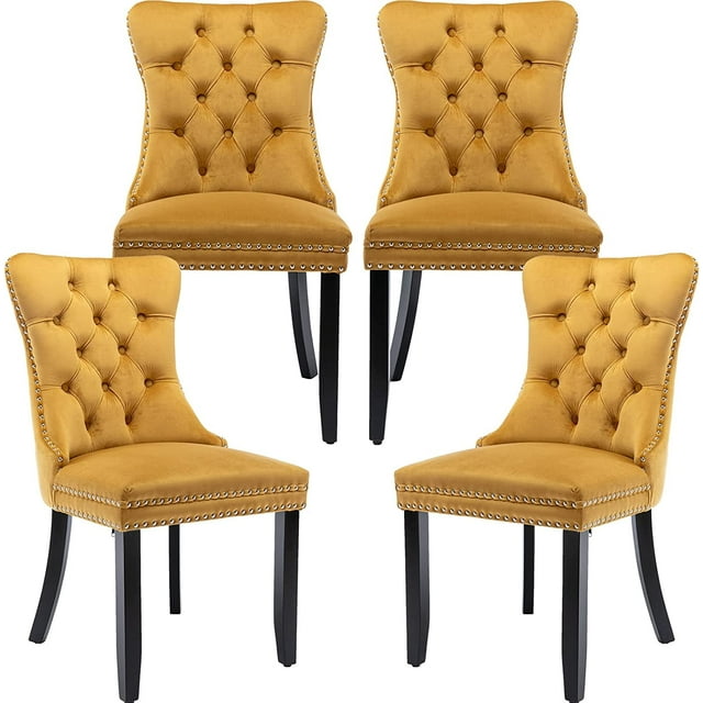 Oduse Daily 4 Pcs Yellow Velvet Dining Chairs Upholstered Solid Wood