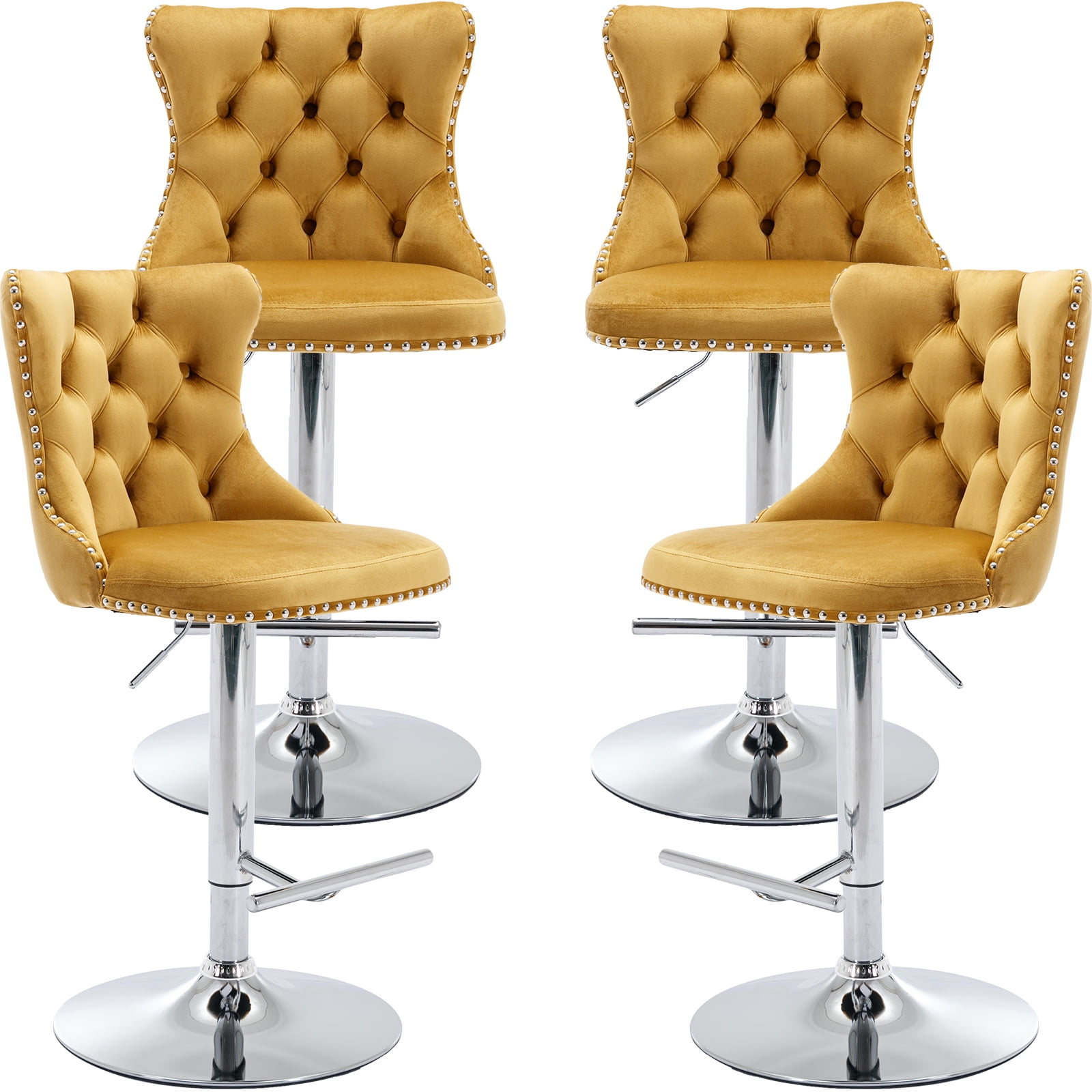 ODUSE-DAILY Yellow Velvet Swivel Bar Stools Set of 4 with Upholstered ...