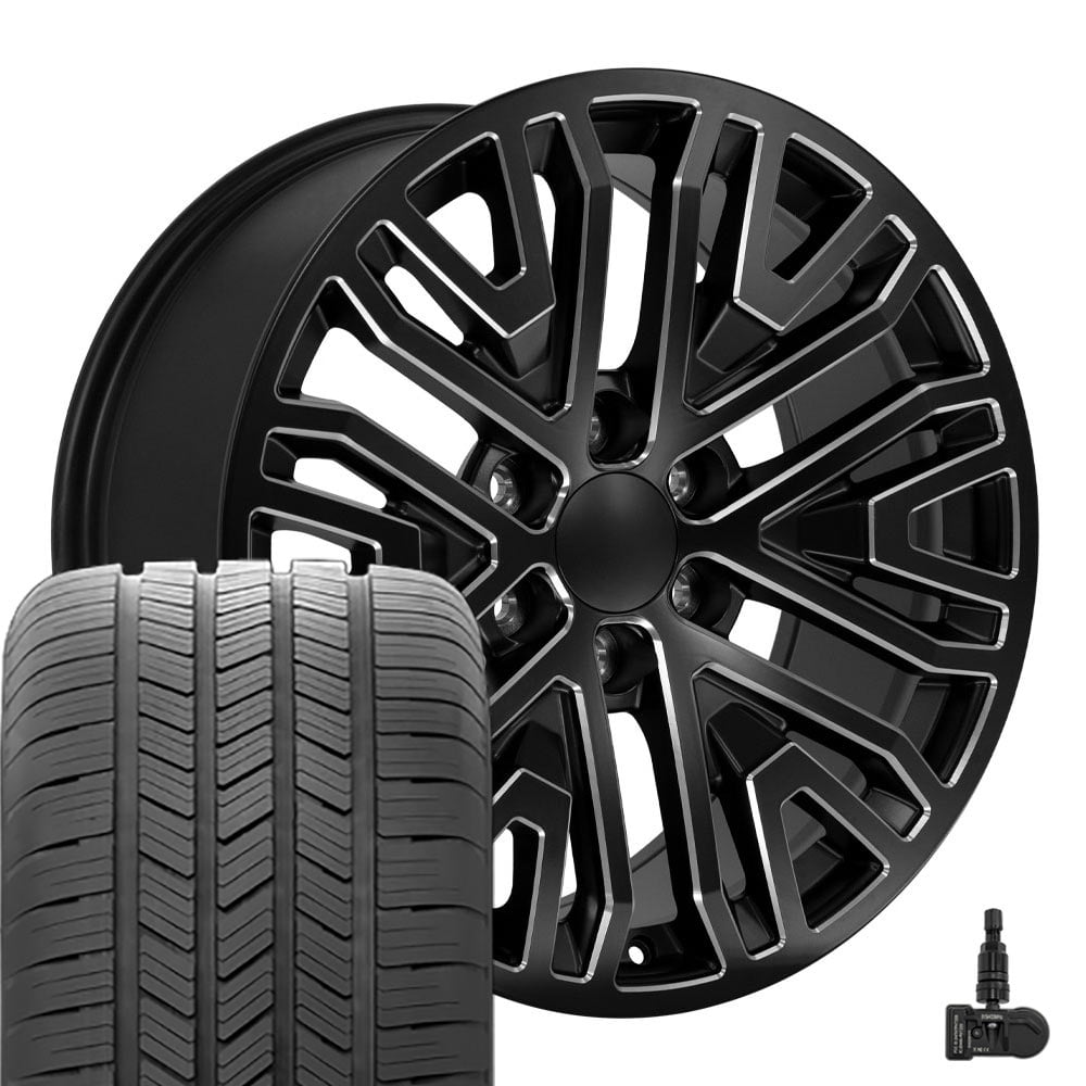 OE Wheels CV37 20 Inch Rims and Tires Fit Sierra 1500 Style 6x139.7 20x9 Satin Black with Milled ...