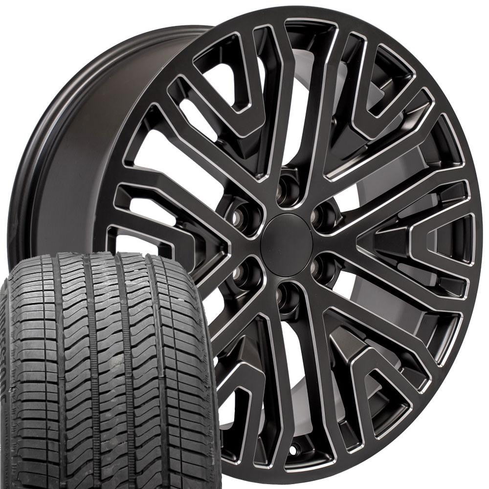OE Wheels CV37 22 Inch Rims and Tires Fit Sierra 1500 Style 6x139.7 22x9 Satin Black with Milled ...