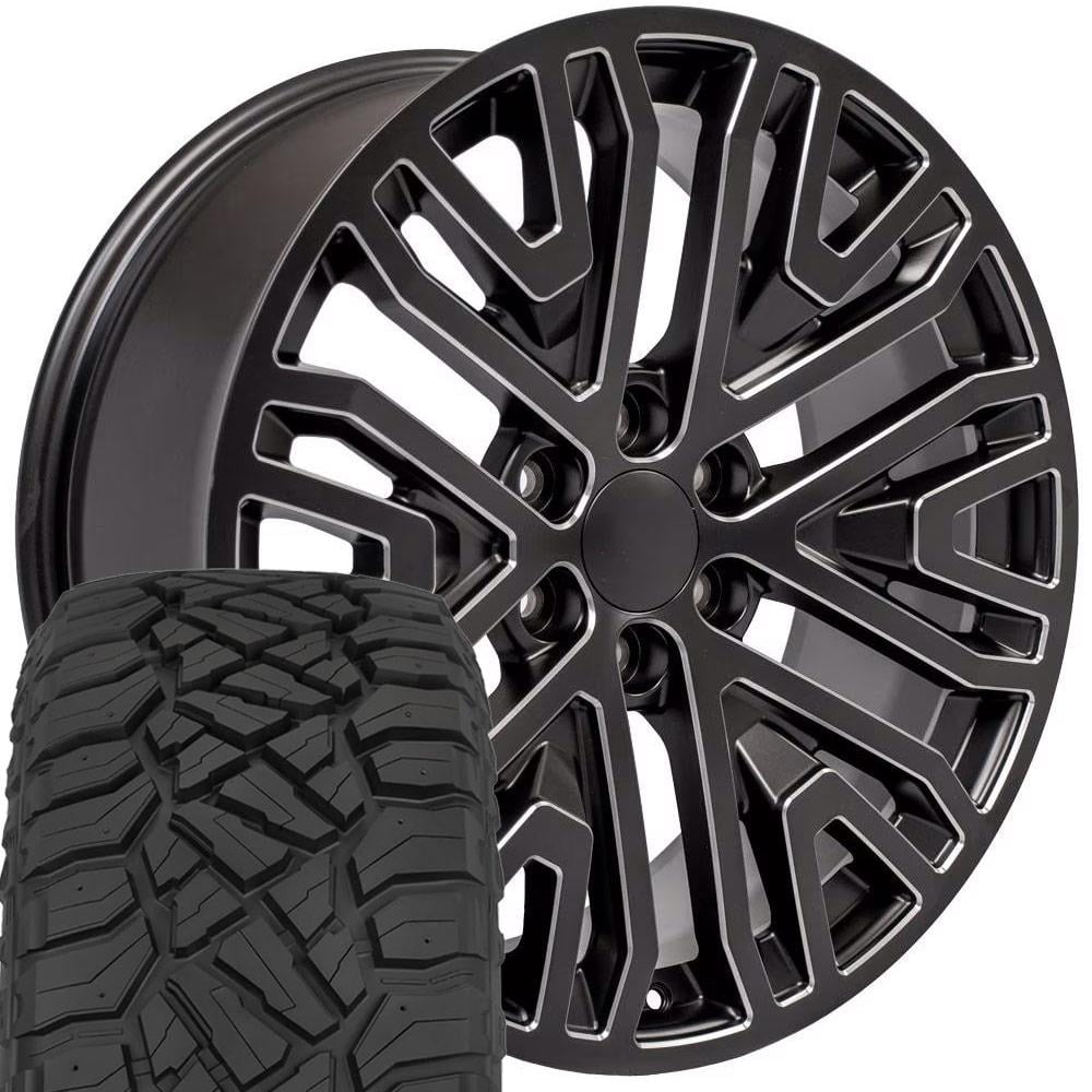 OE Wheels CV37 22 Inch Rims and Tires Fit Sierra 1500 Style 6x139.7 22x9 Satin Black with Milled ...