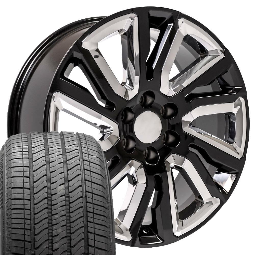 OE Wheels CV39 22 Inch Rims and Tires Fit Sierra 1500 Style 6x139.7 22x9 Gloss Black with Chrome ...