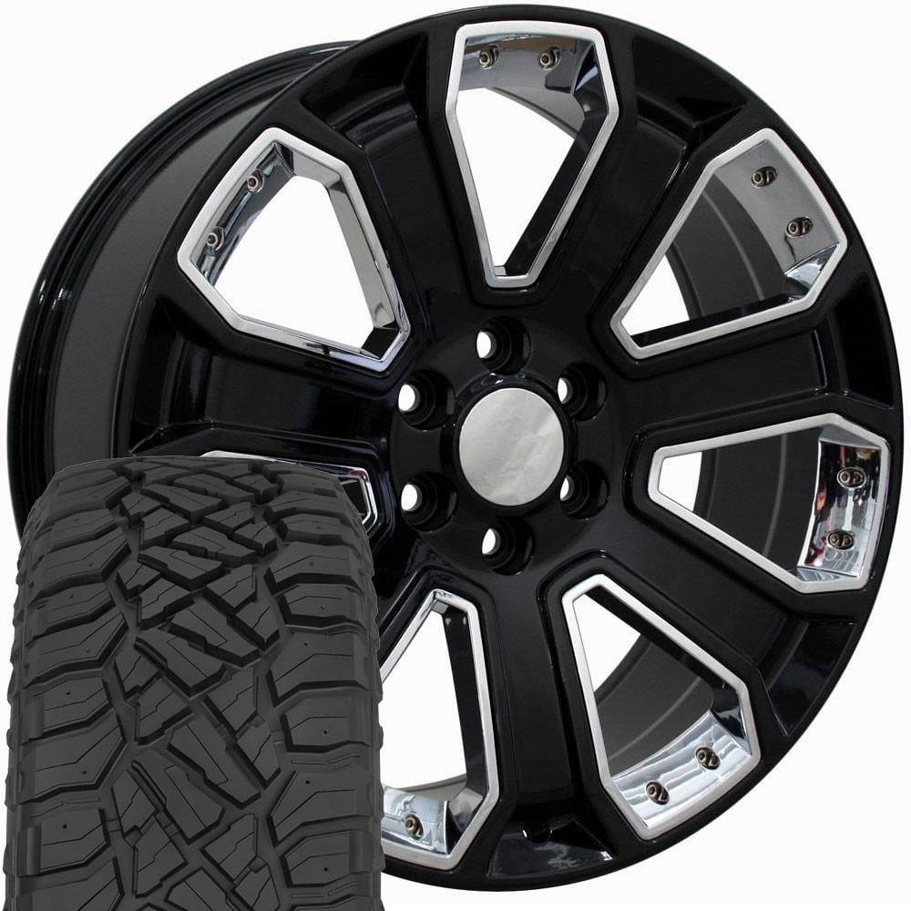 OE Wheels CV93B 22 Inch Rims and Tires Fit Silverado 1500 Style 6x139.7 22x9 Gloss Black with ...