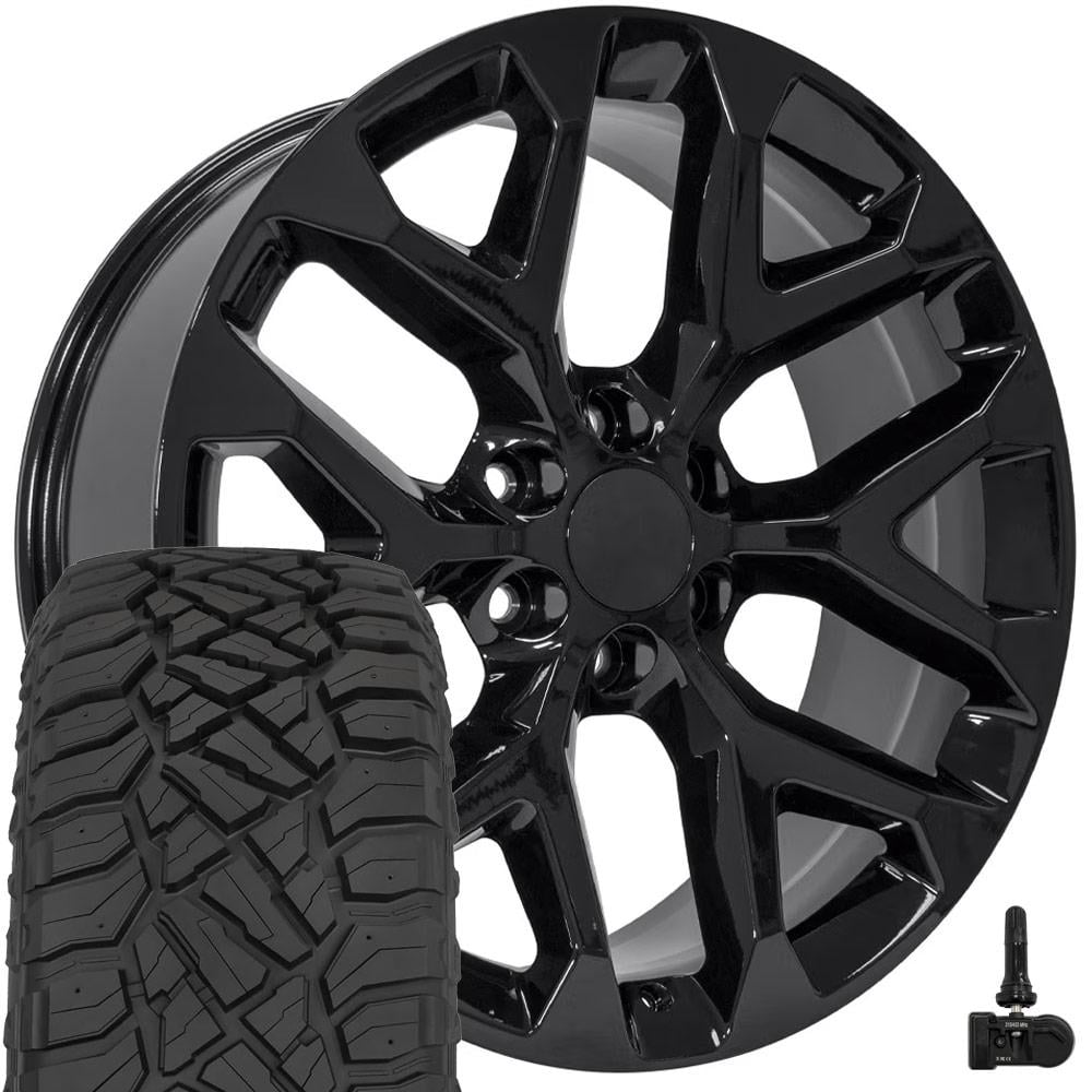 OE Wheels CV98B 22 Inch Rims and Tires Fit Silverado 1500 Snowflake Style 6x139.7 22x9 Gloss ...