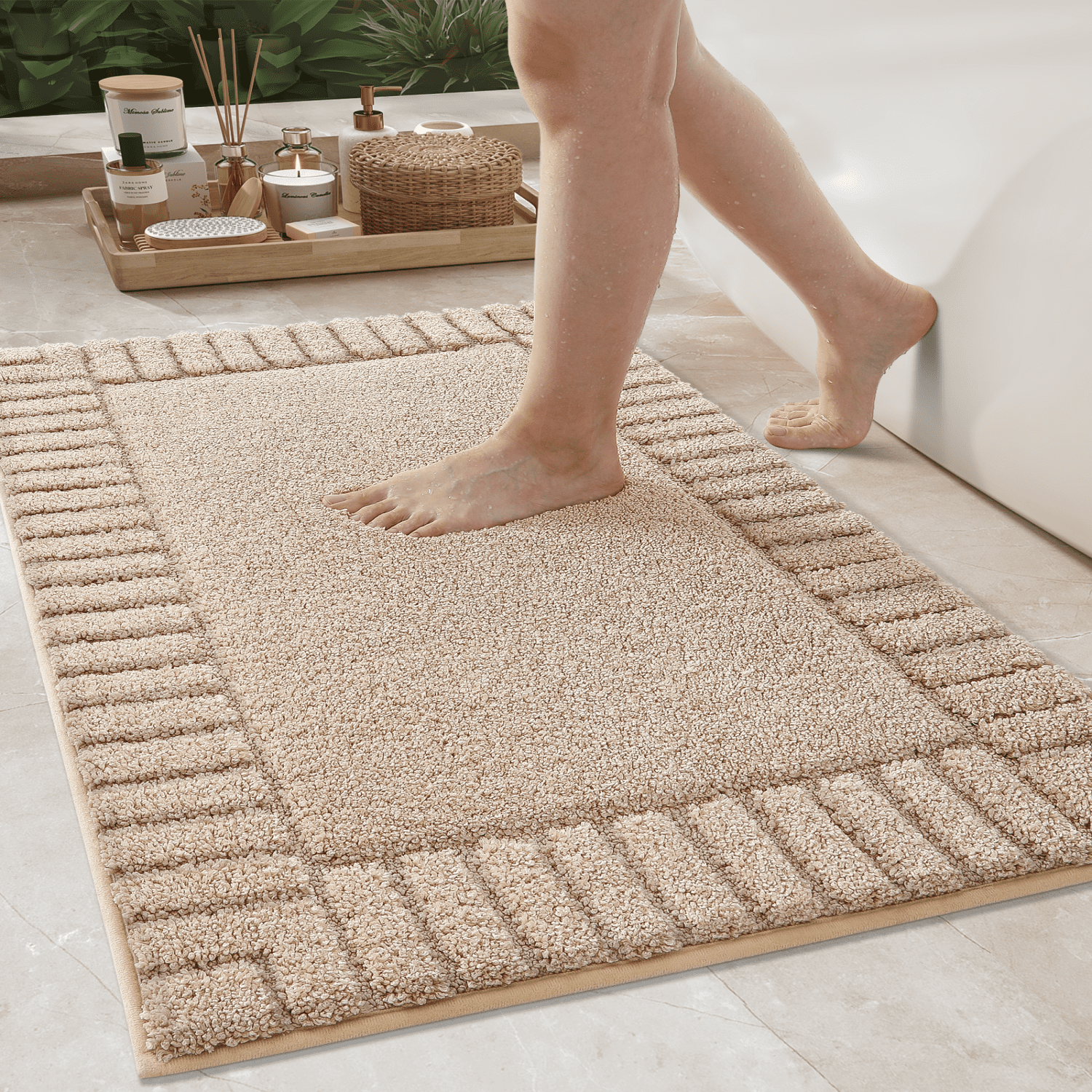 OEAKAY Textured Plush Beige Microfiber Bath Mat, 24"x43", Non-Slip and ...