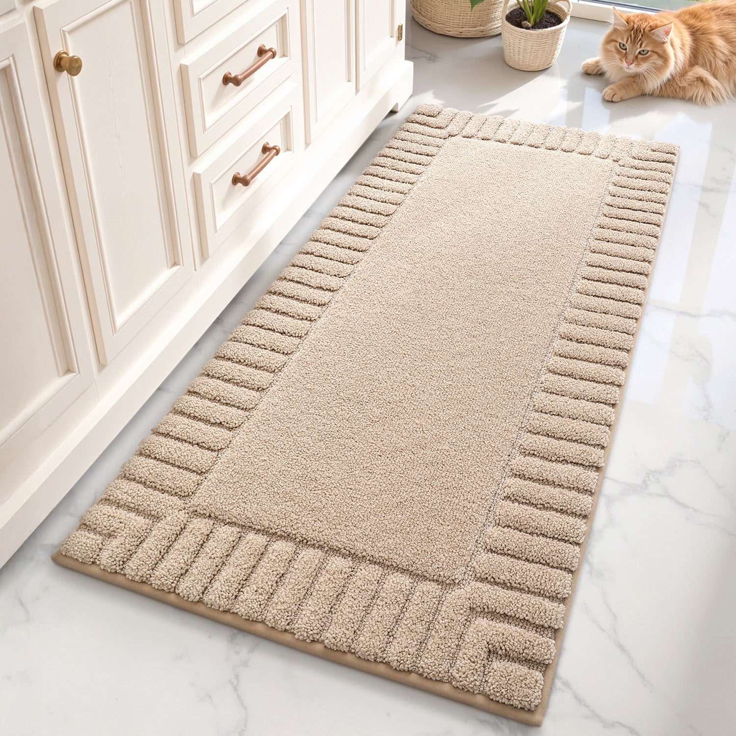 OEAKAY Textured Plush Beige Microfiber Bath Mat, 24