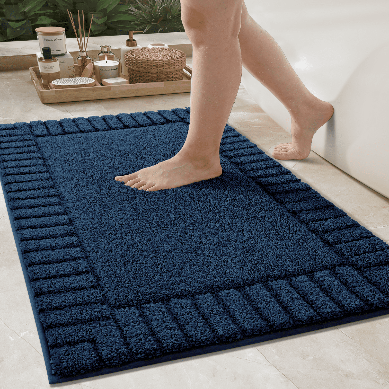 OEAKAY Textured Plush Navy Microfiber Bath Mat, 24"x43", Non-Slip and ...