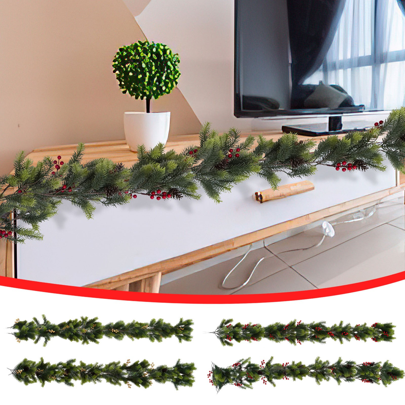 OEFNTAC Artificial Pine Needle Rattan Garland Wreath Green 70.87in Home ...