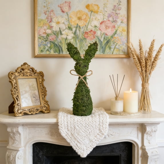 OEFNTAC Straw Woven Lichen Bunny Figurine with Bow Green Animal ...