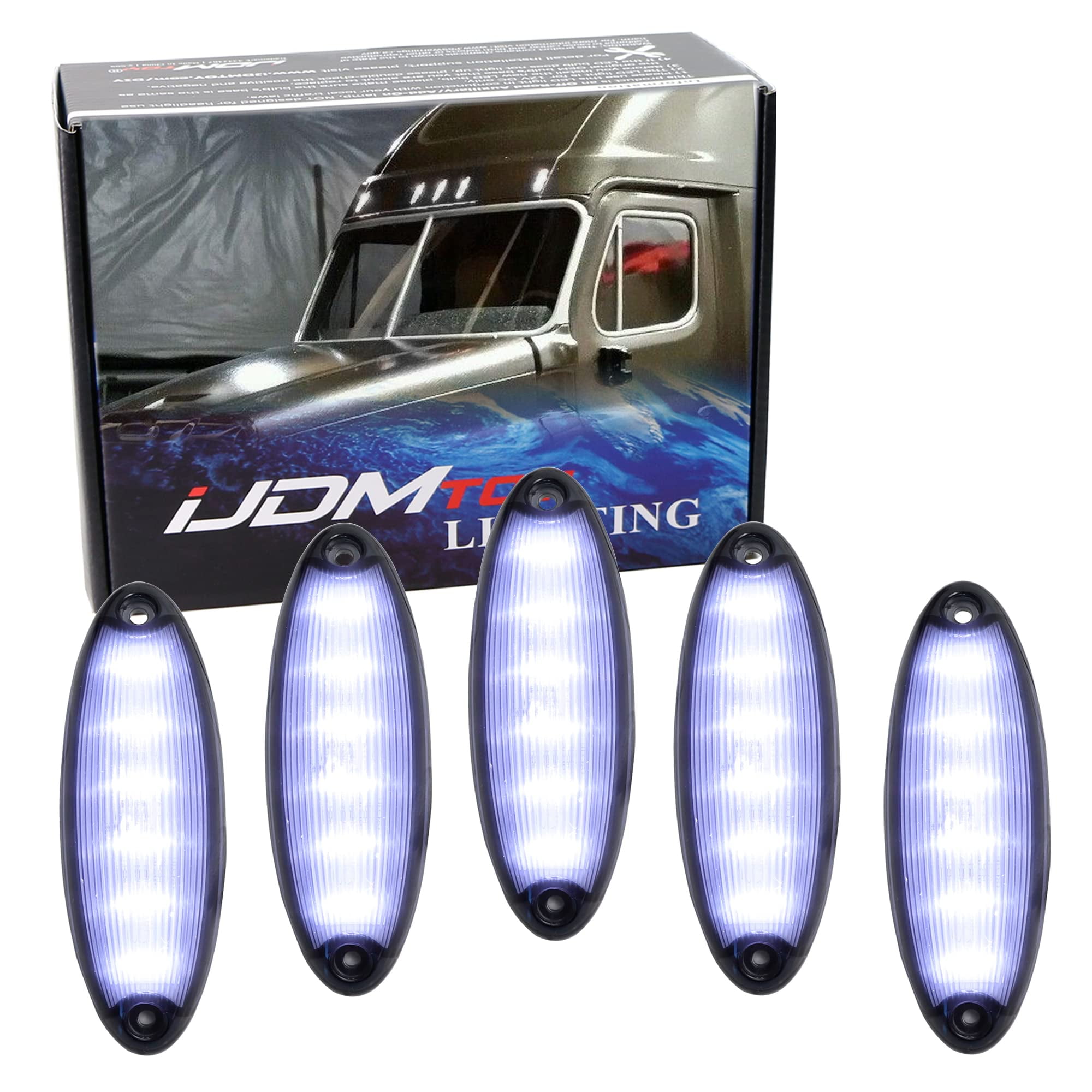 OEM-Spec 5pc Dark Smoked Lens Xenon White 6-LED Front Raised Cab Roof Marker Light Assemblies ...
