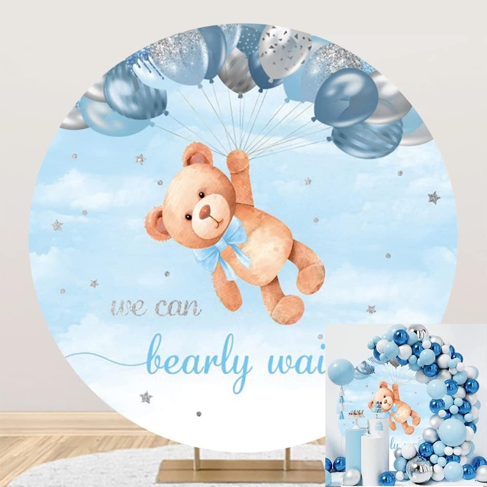 OERJU Bear Baby Round Backdrop Cover We Can Bearly Wait Round Backdrop ...