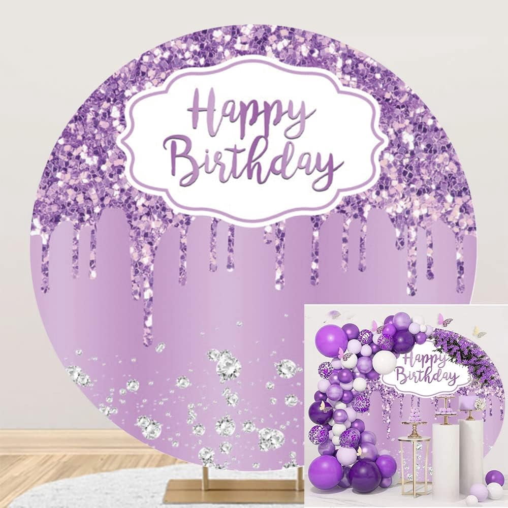 OERJU Purple Birthday Round Backdrop Cover Purple Sequin Diamonds ...