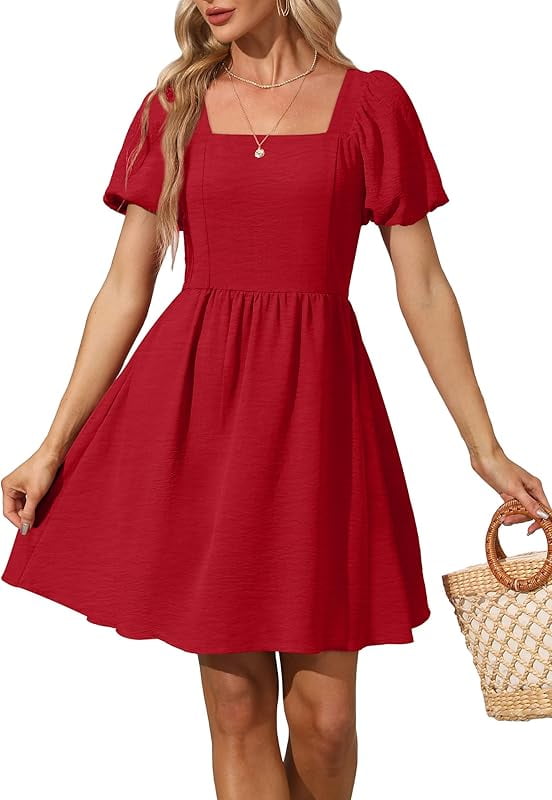 OFEEFAN Women Puff Sleeve Square Neck Tie in Back Dresses with Zipper ...