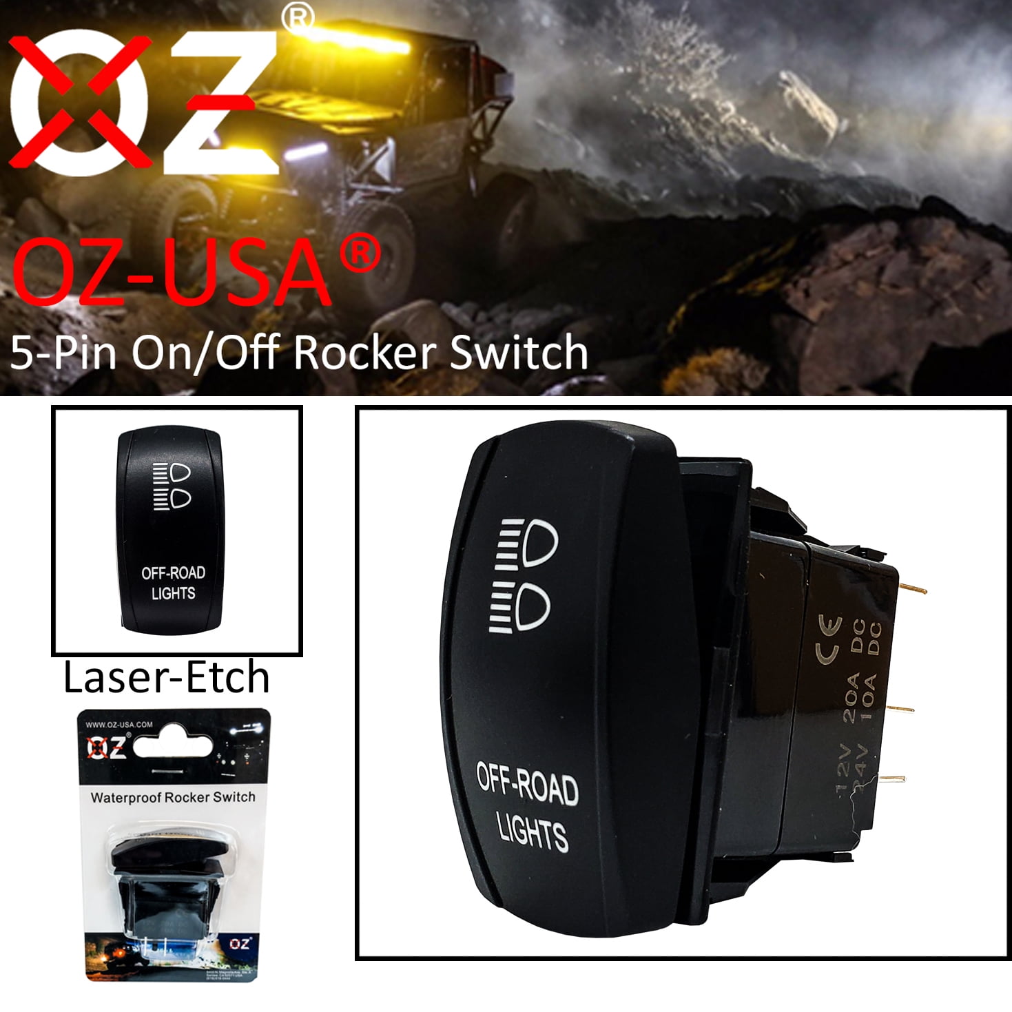 OFF ROAD Lights OZ-USA® On/Off Rocker Switch 5-Pin SPST Laser Etch Blue ...