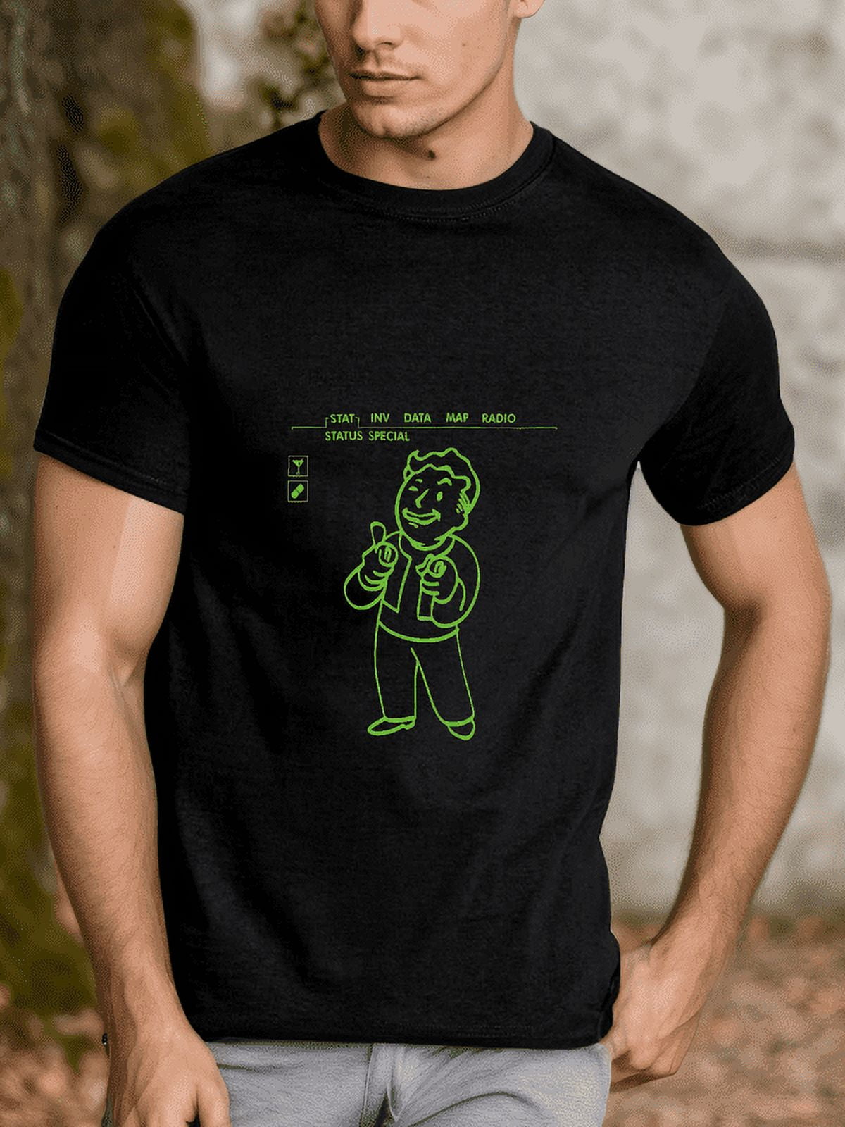 OFFICIAL FALLOUT VAULT BOY CHARISMA +10 PIP-BOY MENU BLACK T-SHIRT ...