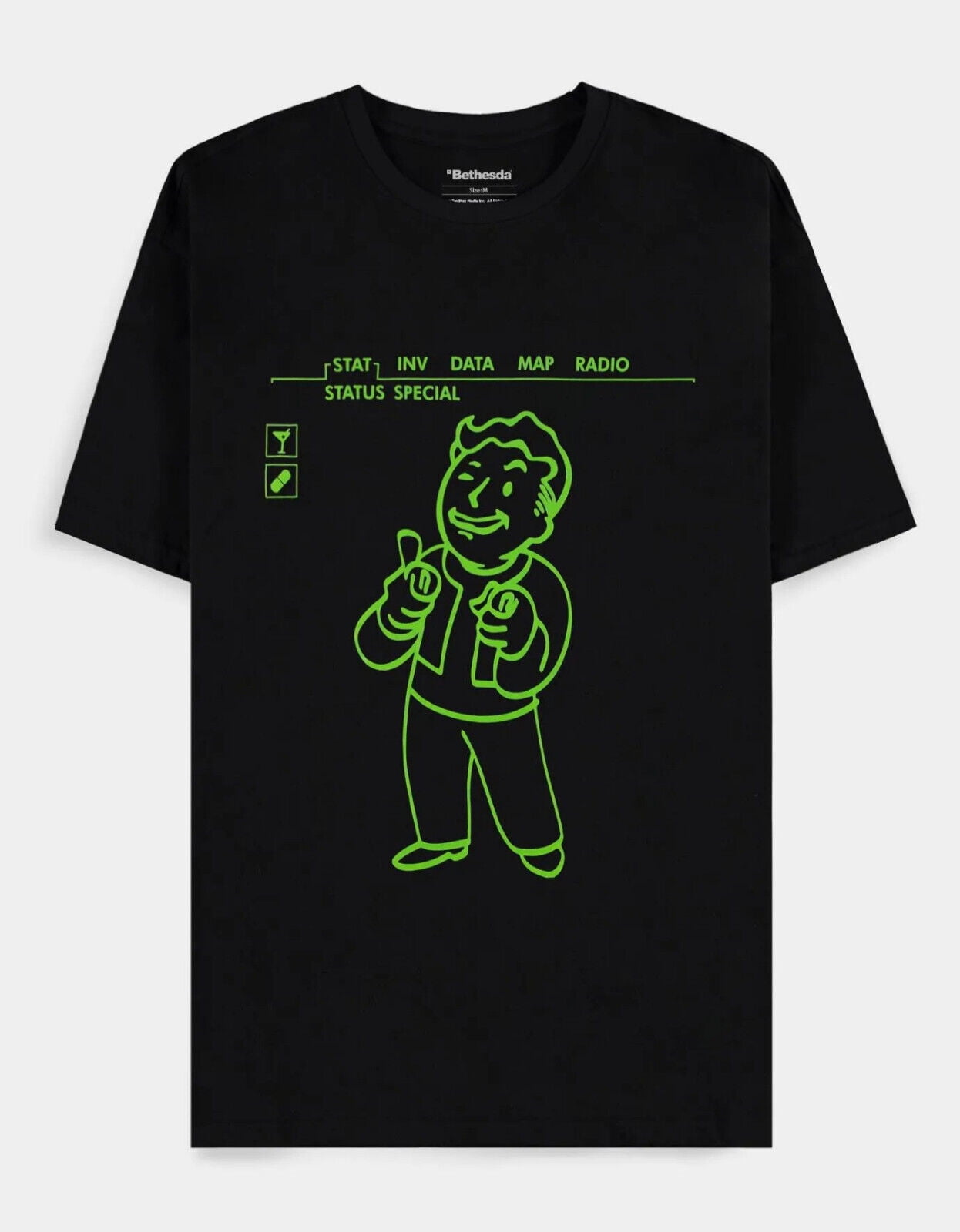 OFFICIAL FALLOUT VAULT BOY CHARISMA +10 PIP-BOY MENU BLACK T-SHIRT ...