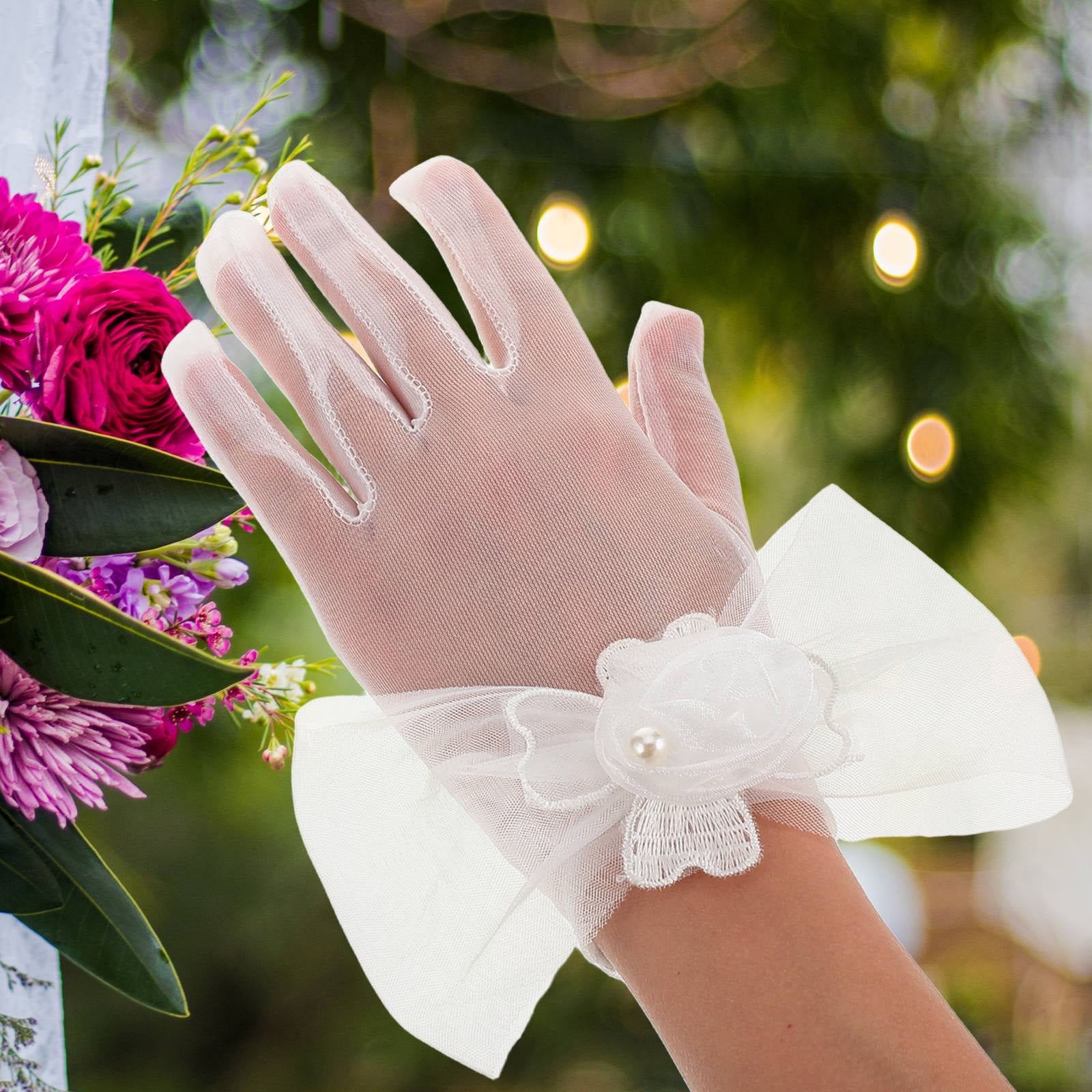 OFFIGAM 1 Pair Short Transparent Mesh Gloves for Women Wedding Ceremony ...