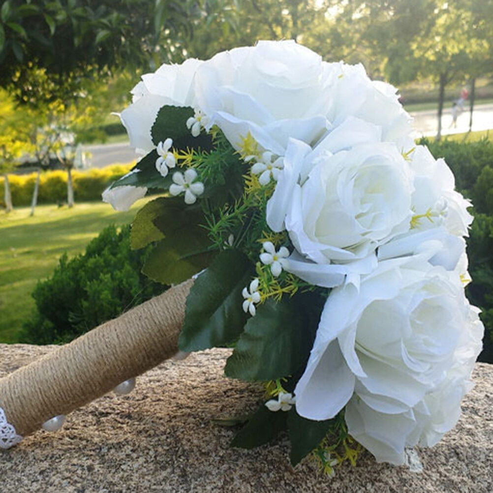 OFFIGAM 16Pcs Silk Rope Pearl Wedding Rose Bridal Fake Bouquet Home ...