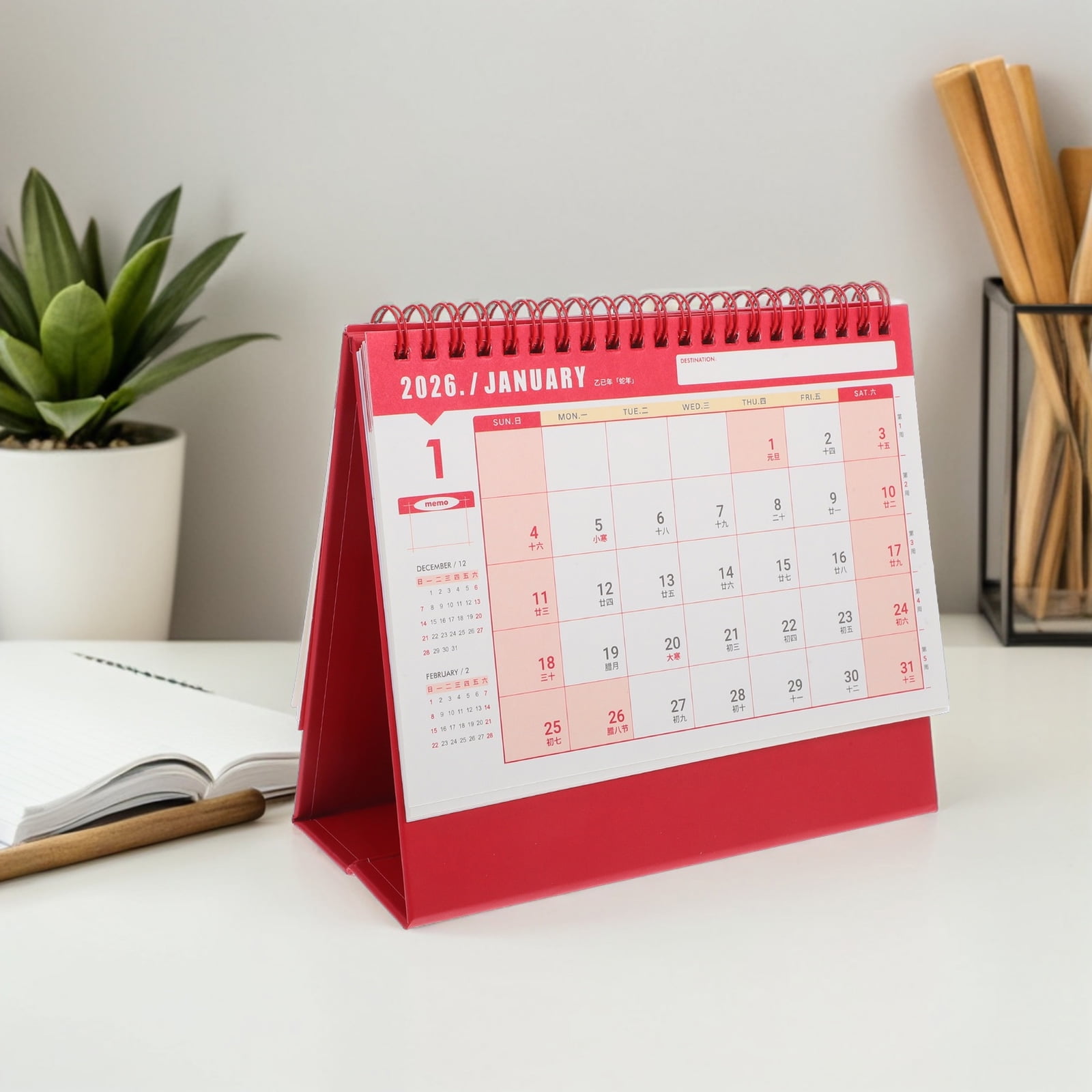 OFFIGAM 2026 Desk Calendar Red Portable Standing Monthly Planner for ...