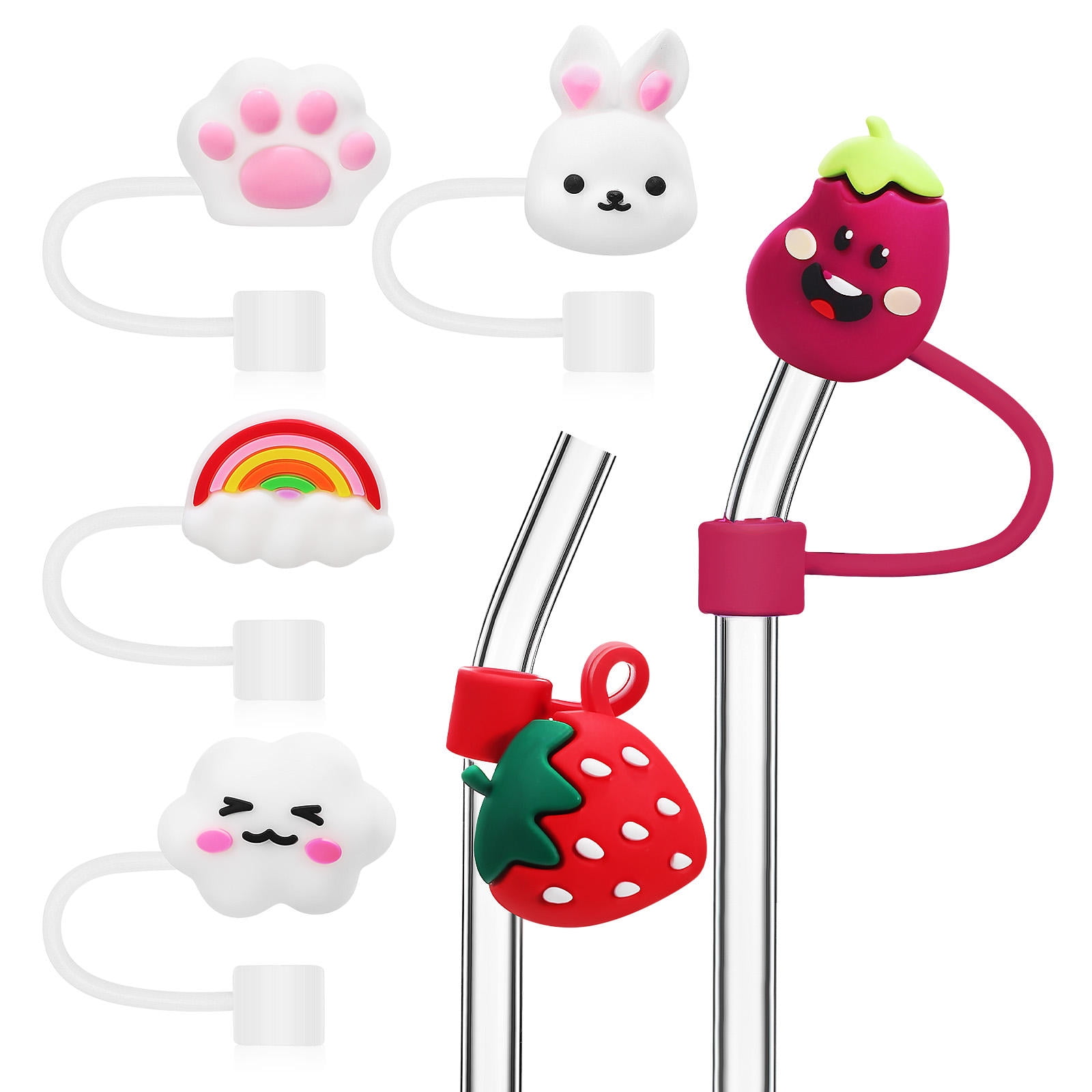 OFFIGAM 6Pcs Cute Design Straw Covers Assorted Color Soft Rubber ...