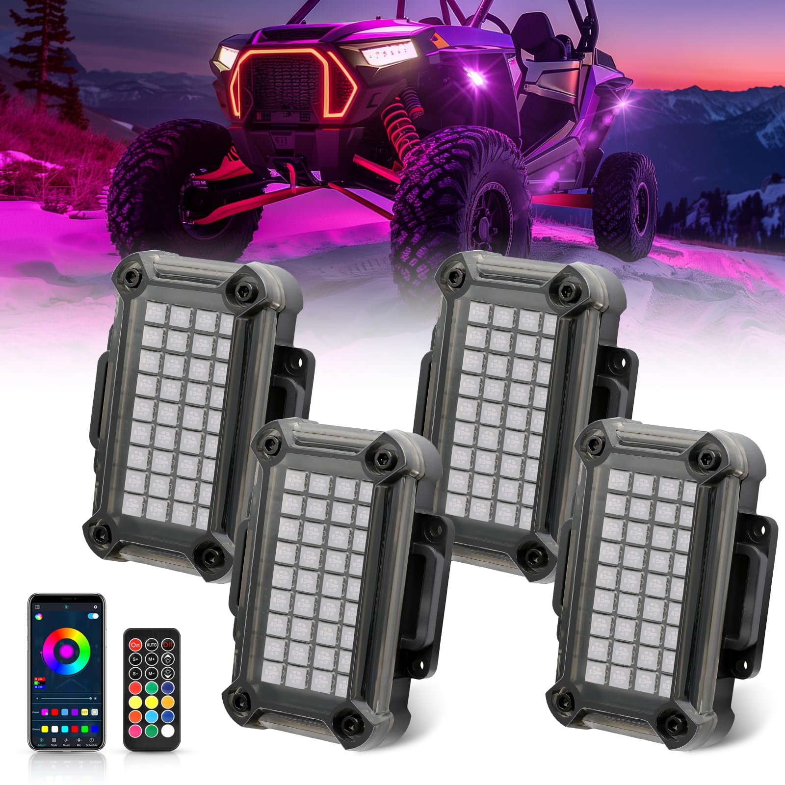 OFFROADTOWN RGBW Lights IFF17 4 Pods LED Kit for UTV ATV with APP RF ...