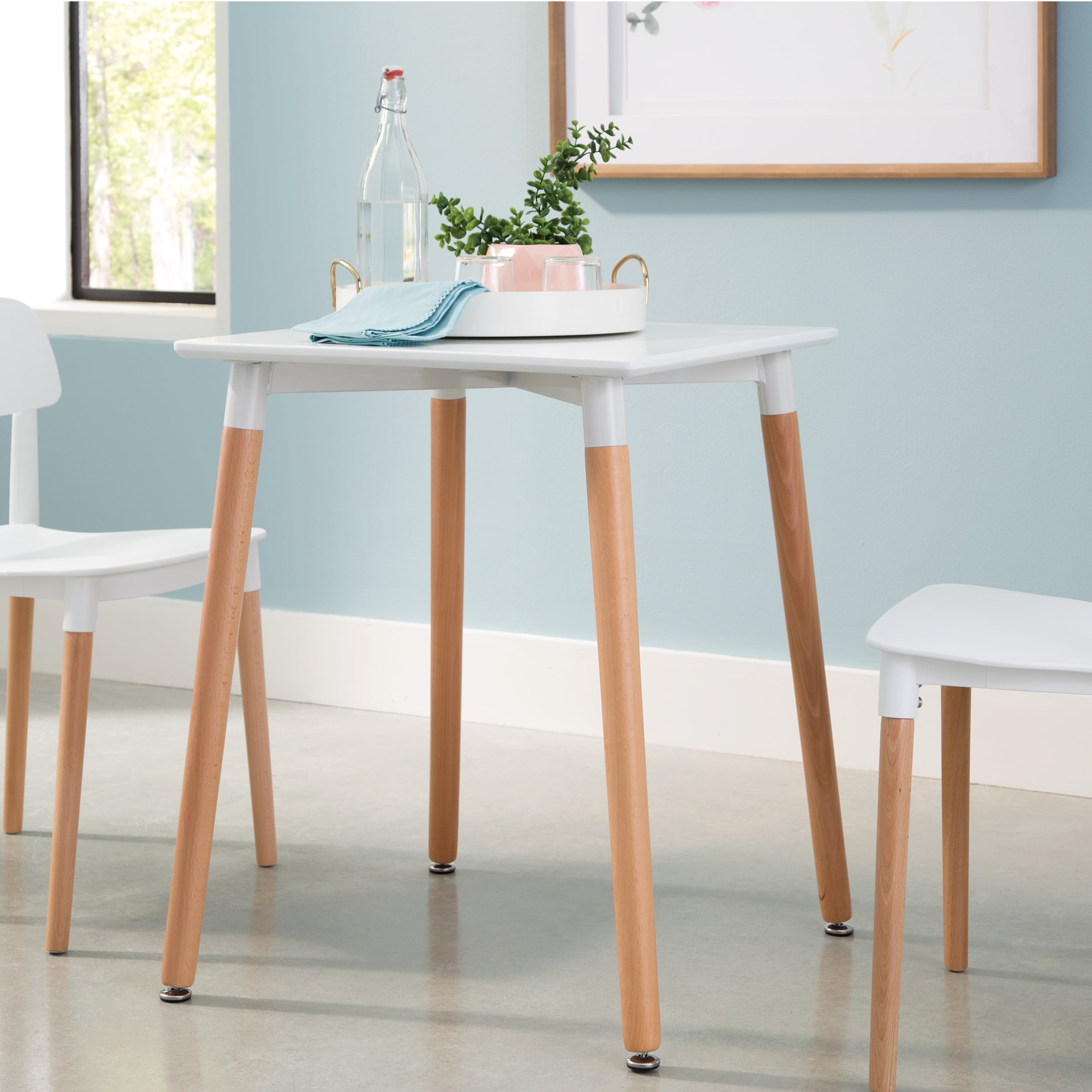 OFM Mid Century Modern 24" Square Dining Table, Solid Wood Legs, White ...